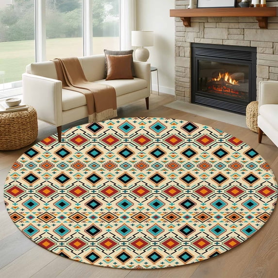 Bohemian 8FT Round Area Rugs for Living Room Retro Teal and Brown ...