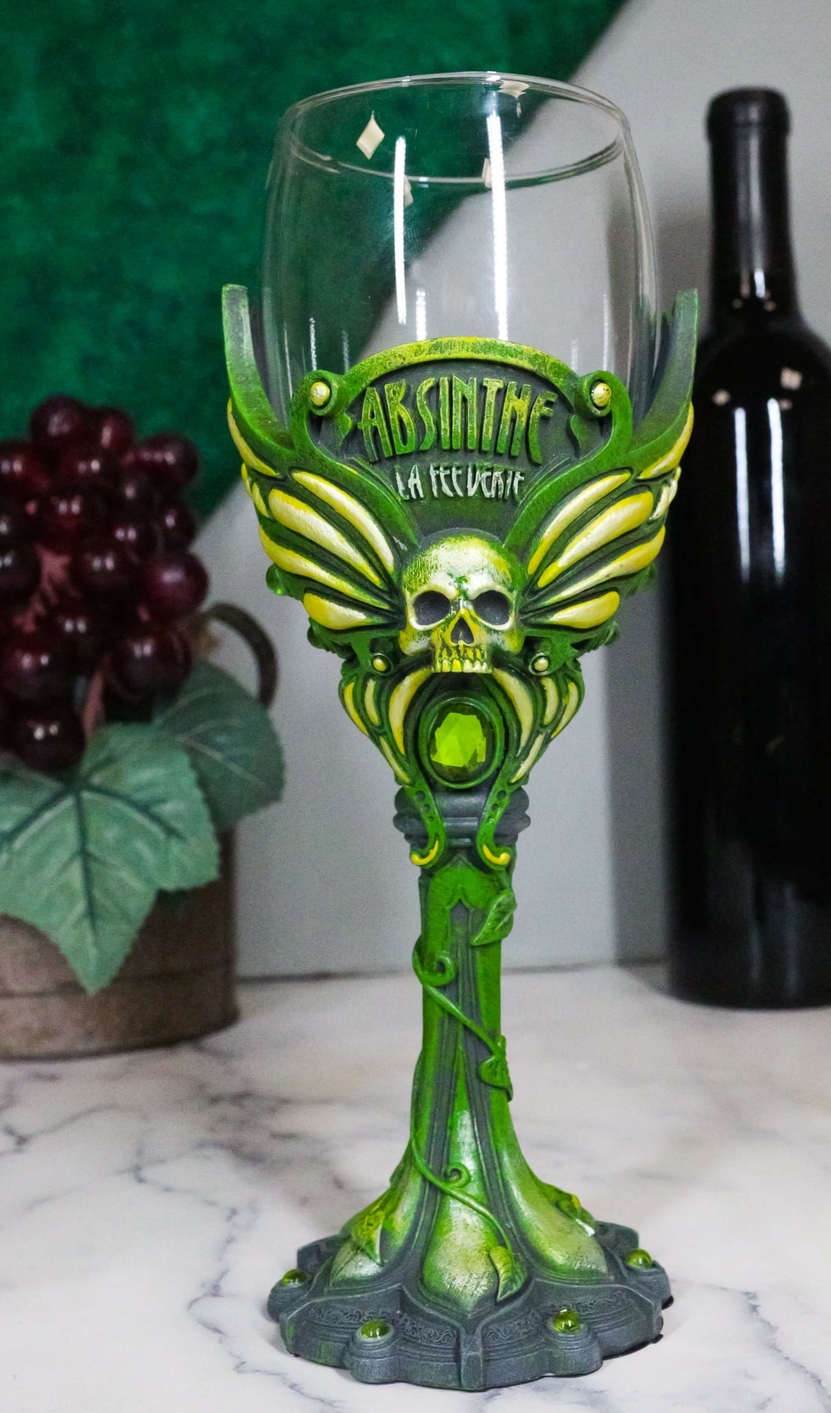 Bohemian Absinthe La Fee Verte Skull With Green Gem And Vine Stem Wine ...