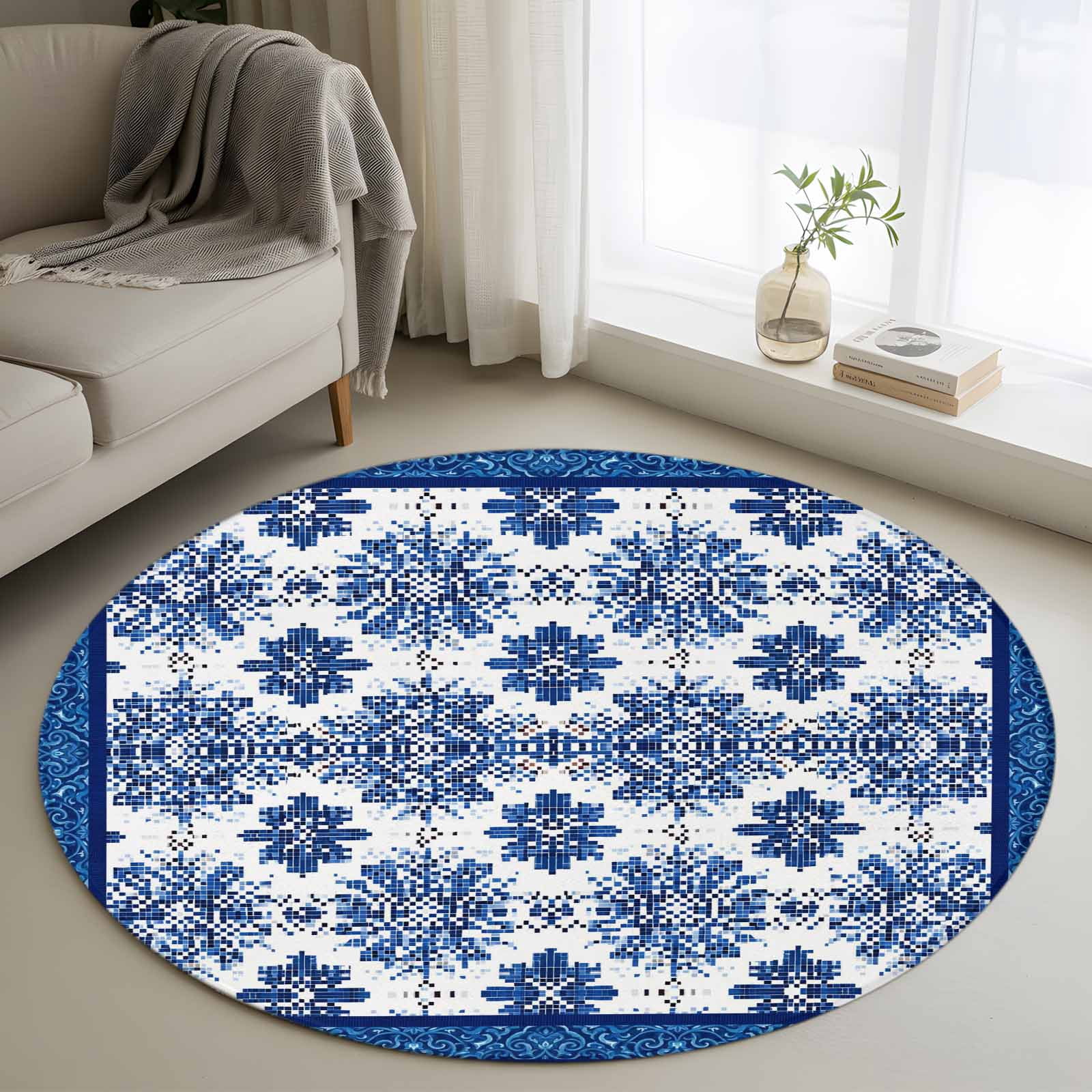 Bohemian Abstract Blue Floral 4FT Round Area Rugs Boho Tribal Ethnic ...