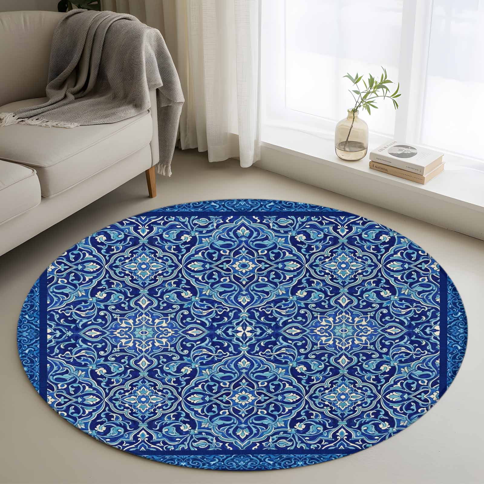 Bohemian Abstract Blue Floral 4FT Round Area Rugs Retro Boho Tribal ...