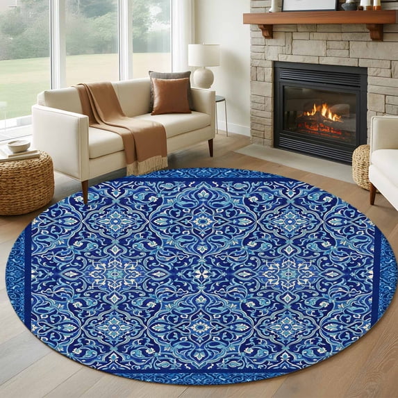 Bohemian Abstract Blue Floral 7FT Round Area Rugs for Living Room Retro ...