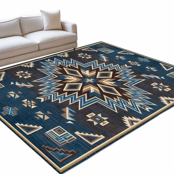 Bohemian Abstract Blue Floral Area Rug, Boho Tribal Ethnic Geometric ...