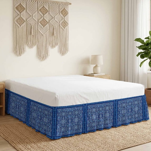 Bohemian Abstract Blue Floral Bed Skirt 16 Inch Drop, Retro Boho Tribal ...