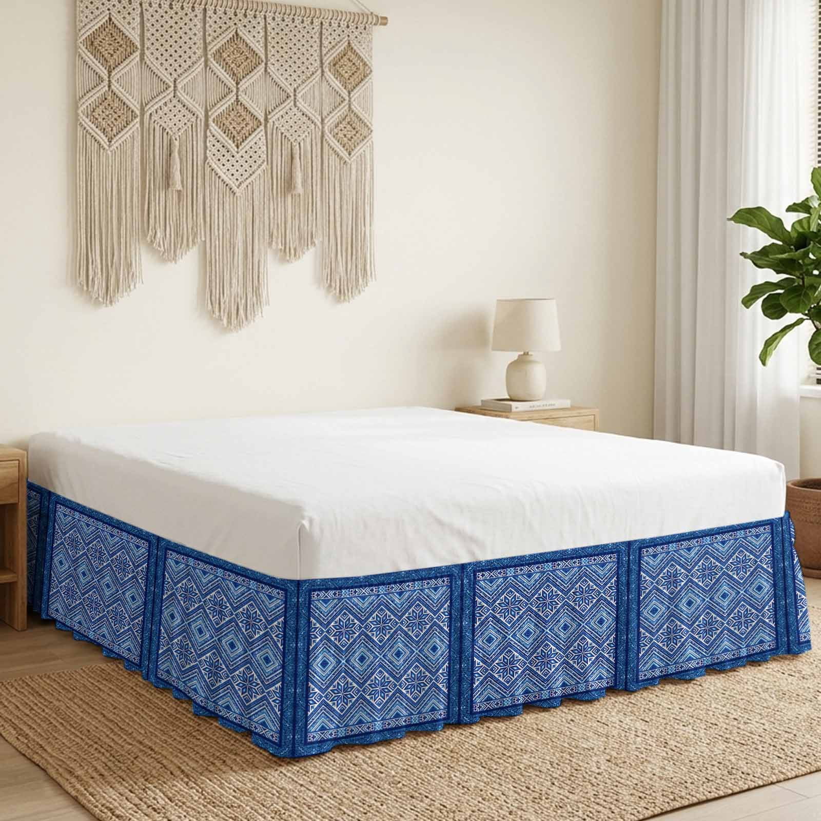 Bohemian Abstract Blue Floral Bed Skirt 18 Inch Drop, Boho Tribal ...