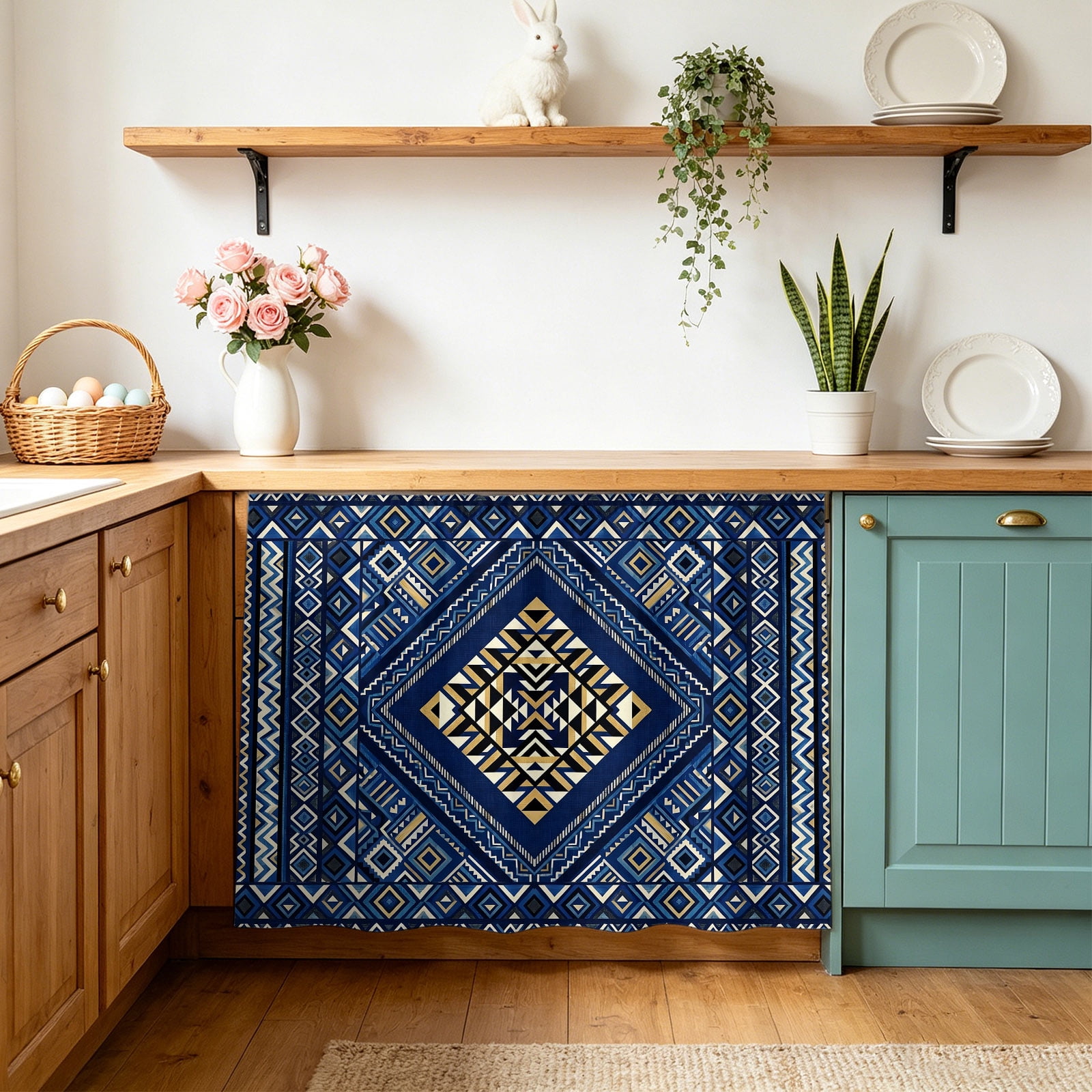 Bohemian Abstract Blue Floral Cabinet Curtains 10" W x 11" L Boho ...