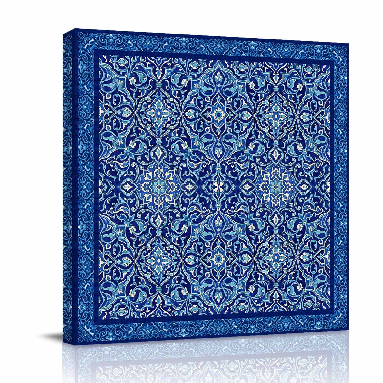 Bohemian Abstract Blue Floral Canvas Wall Art for Living Room, Retro ...