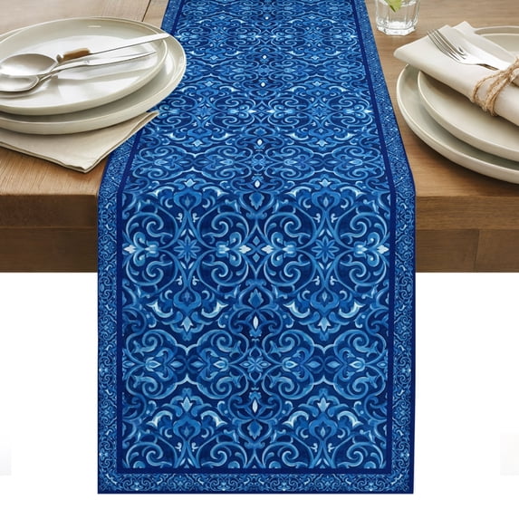 Bohemian Abstract Blue Floral Cotton Linen Table Runner Boho Tribal ...