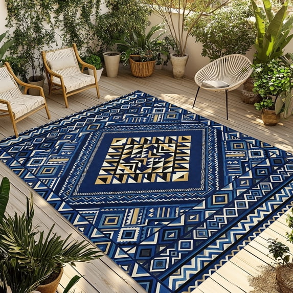 Bohemian Abstract Blue Floral Outdoor Rug, Boho Tribal Ethnic Geometric ...
