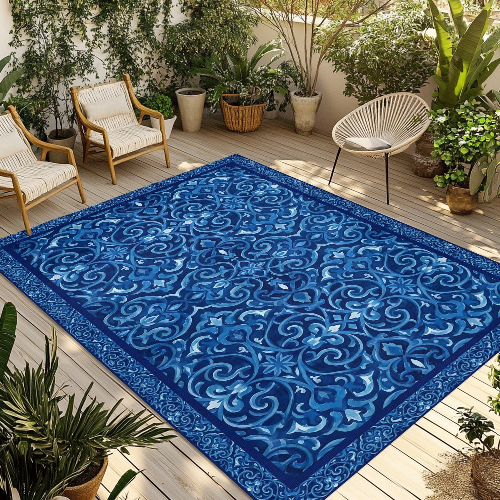 Bohemian Abstract Blue Floral Outdoor Rug, Boho Tribal Ethnic Geometric ...
