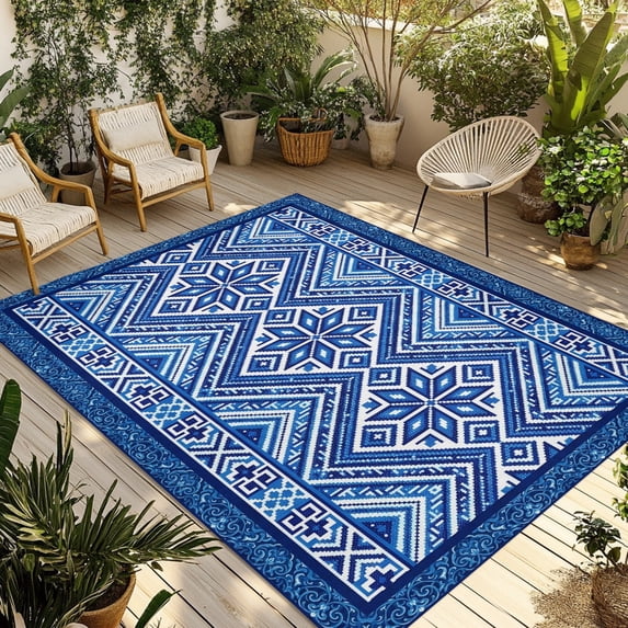 Bohemian Abstract Blue Floral Outdoor Rug, Boho Tribal Ethnic Geometric ...