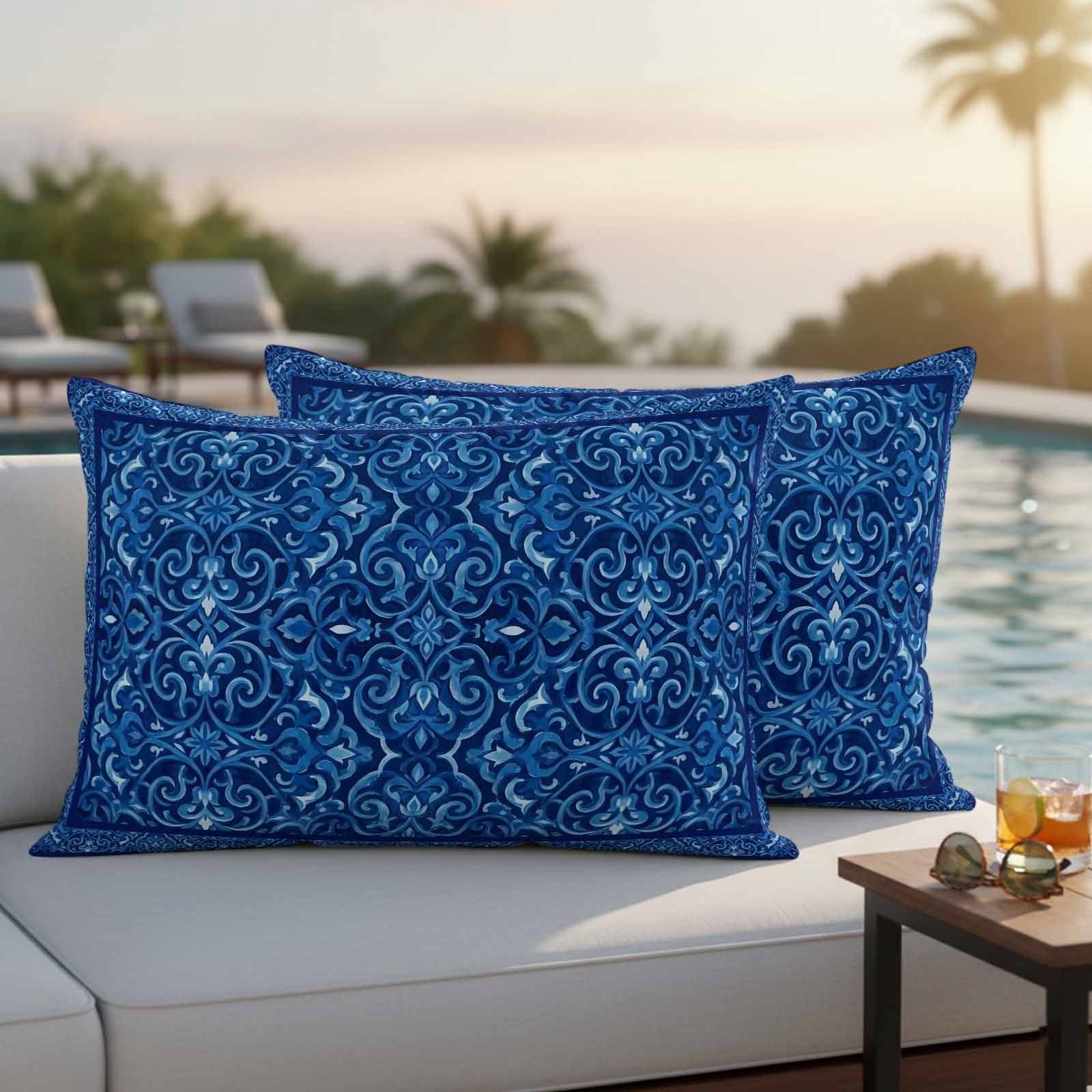 Bohemian Abstract Blue Floral Outdoor Waterproof Throw Pillow Covers ...