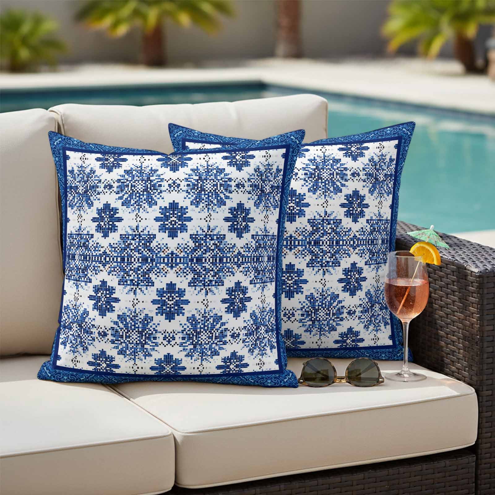 Bohemian Abstract Blue Floral Outdoor Waterproof Throw Pillow Covers ...