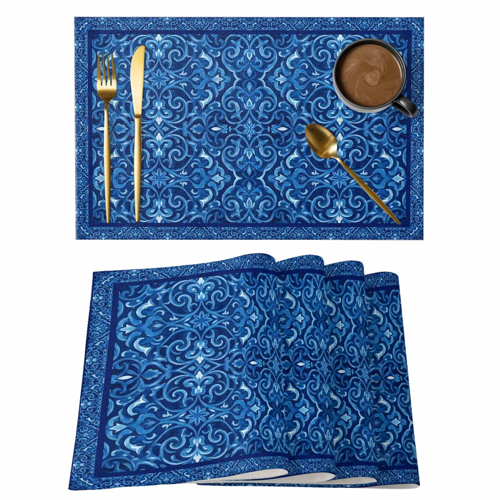 Bohemian Abstract Blue Floral Placemats Set of 1, Boho Tribal Ethnic ...