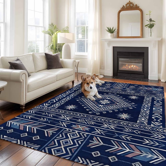 Bohemian Abstract Blue Floral Washable Area Rug 5x7 Boho Tribal Ethnic ...