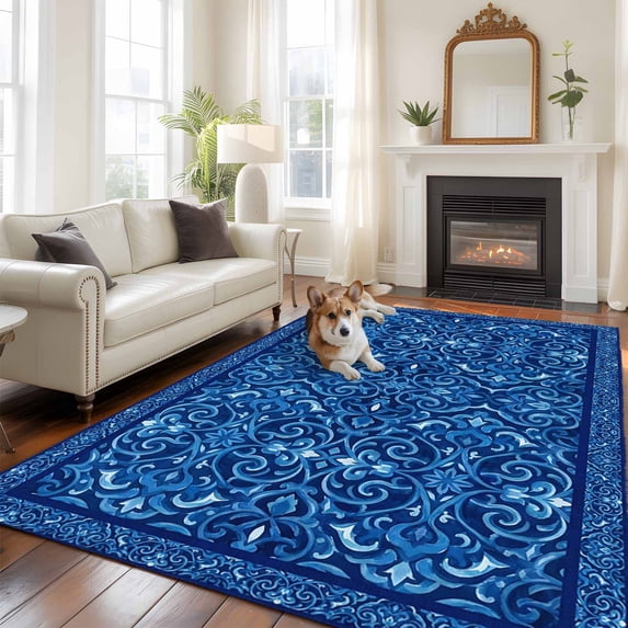 Bohemian Abstract Blue Floral Washable Area Rug 8x10 Boho Tribal Ethnic ...