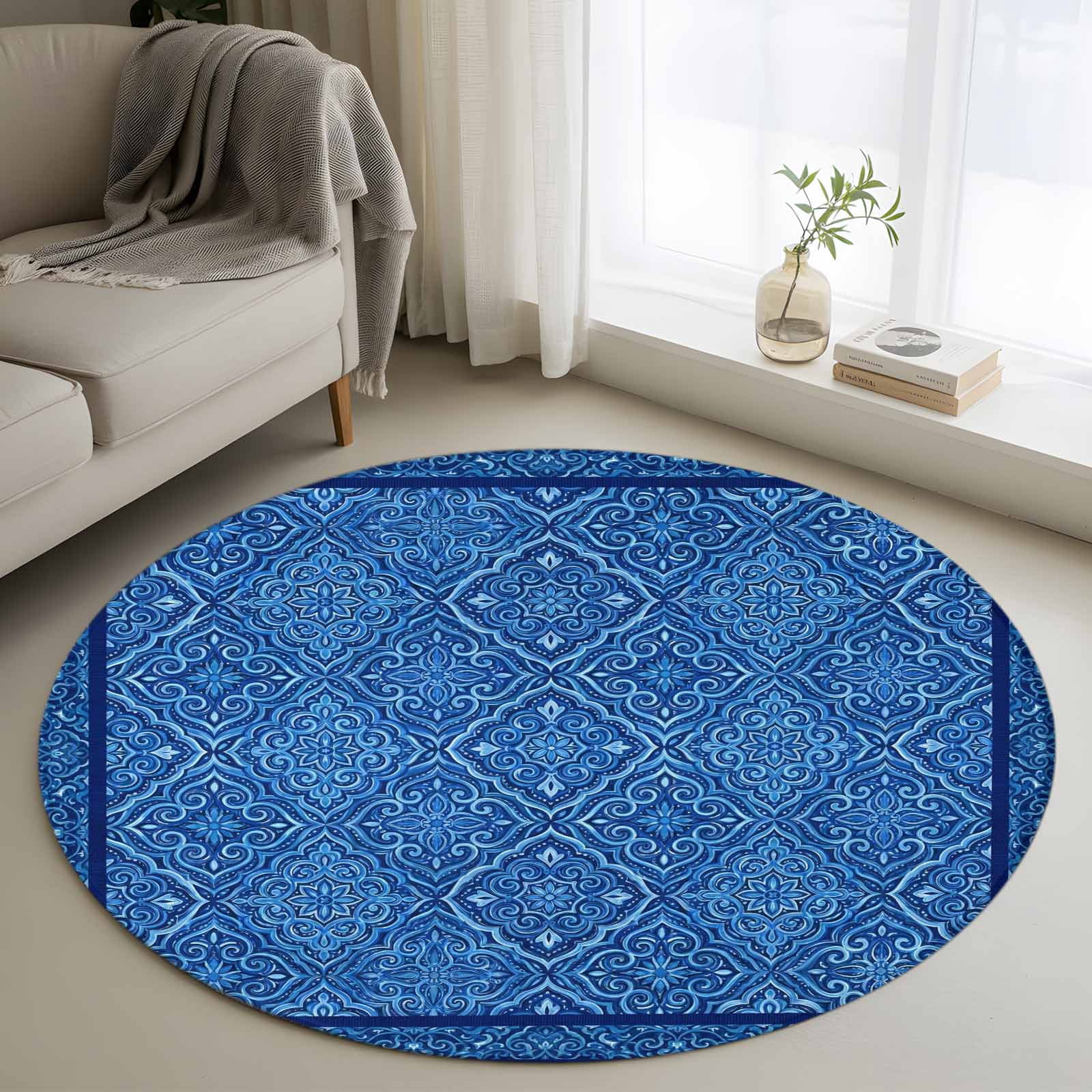 Bohemian Abstract Blue Flower 4FT Round Area Rugs Retro Boho Tribal ...