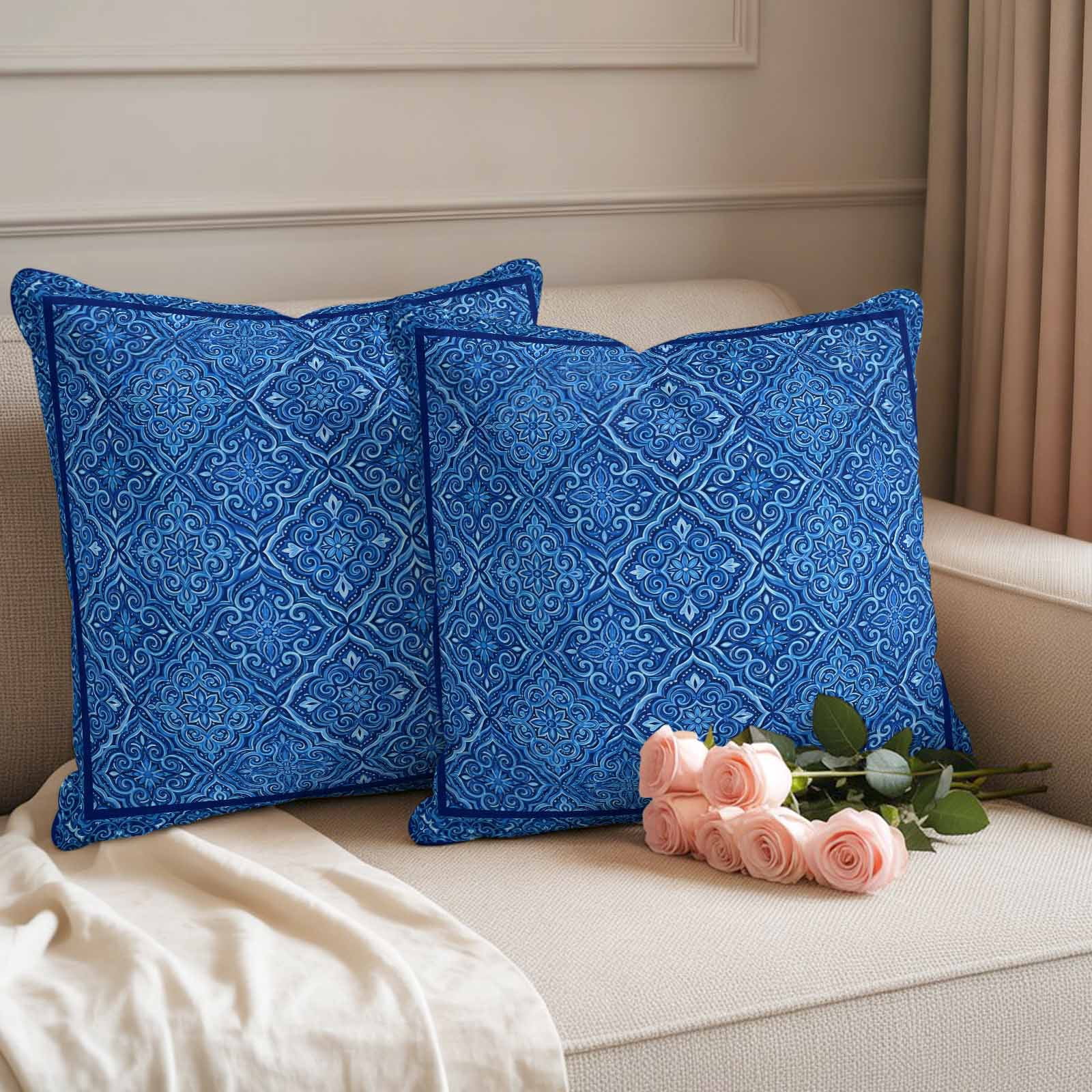 Bohemian Abstract Blue Flower Outdoor Pillow Covers 18"x18" Set of 2 ...