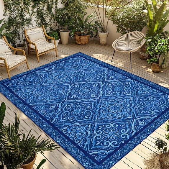 Bohemian Abstract Blue Flower Outdoor Rug 3x5 ft Retro Boho Tribal ...
