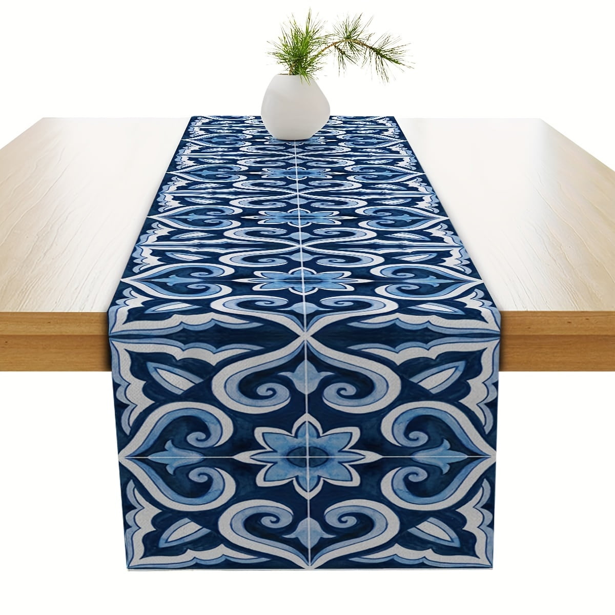 Bohemian Abstract Blue Flower Printed Linen Table Runners Farmhouse ...