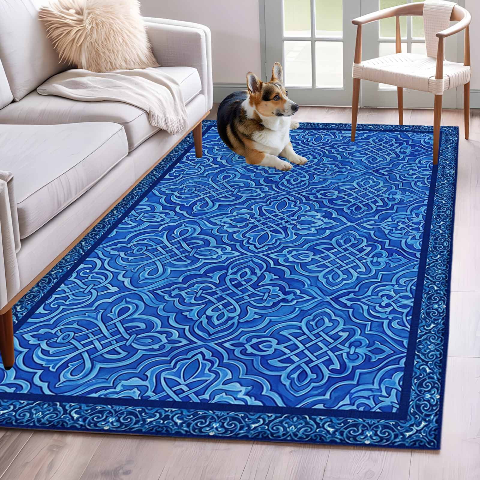 Bohemian Abstract Blue Flower Washable Area Rug 4x6 Boho Tribal Ethnic ...