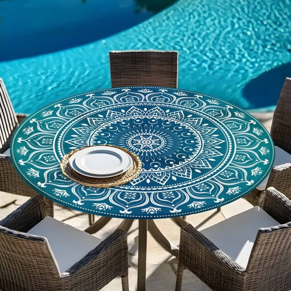 Bohemian Abstract Flower Teal Blue Gradient Round Fitted Tablecloth ...