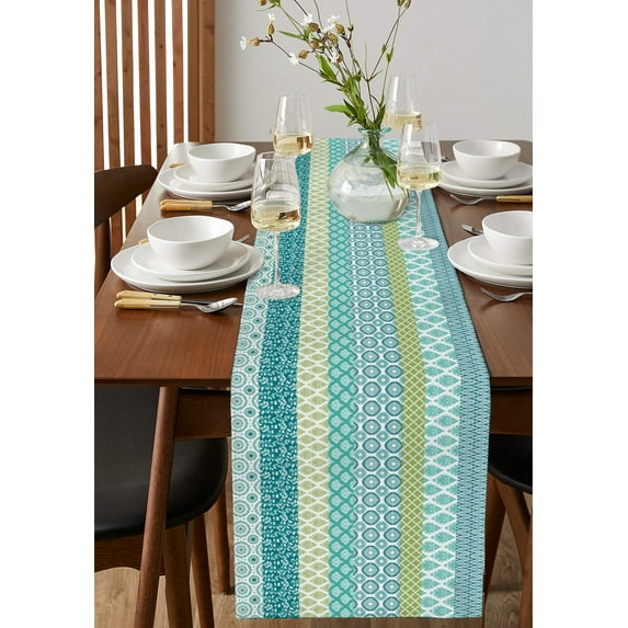 Bohemian Abstract Geometric Teal Damask Flower Table Runner 13x72in Non ...