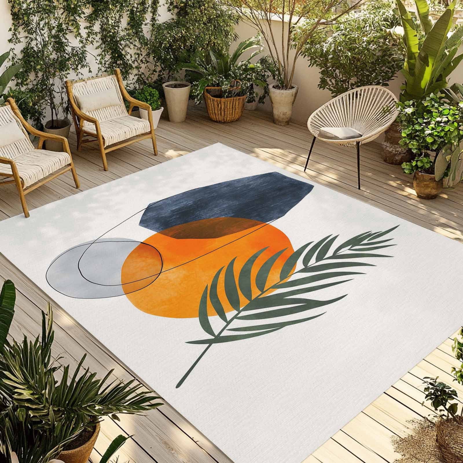 Bohemian Abstract Outdoor Rug, Circle Line Geometric Leaves Modern Art ...