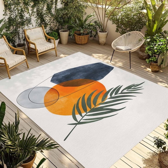 Bohemian Abstract Outdoor Rug, Circle Line Geometric Leaves Modern Art ...