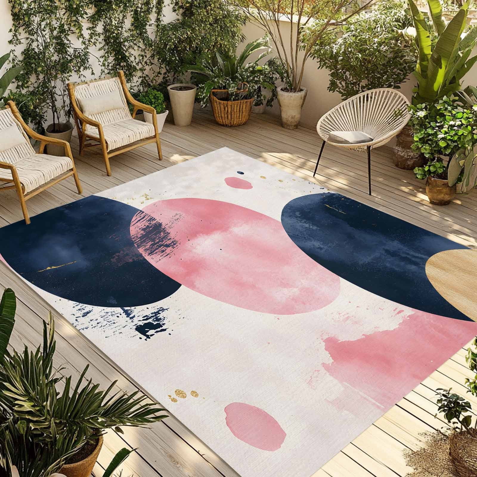 Bohemian Abstract Outdoor Rug, Geometric Blue Pink Color Block Modern ...