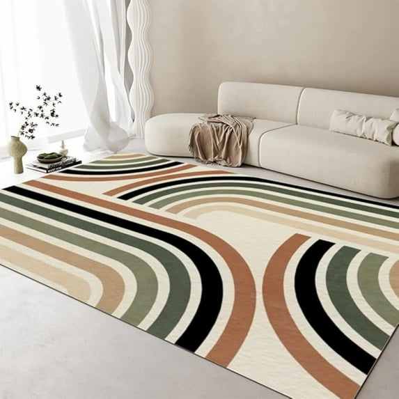 Bohemian Abstract Rainbow Area Rug, Mid-Century Modern Colorful Curved ...