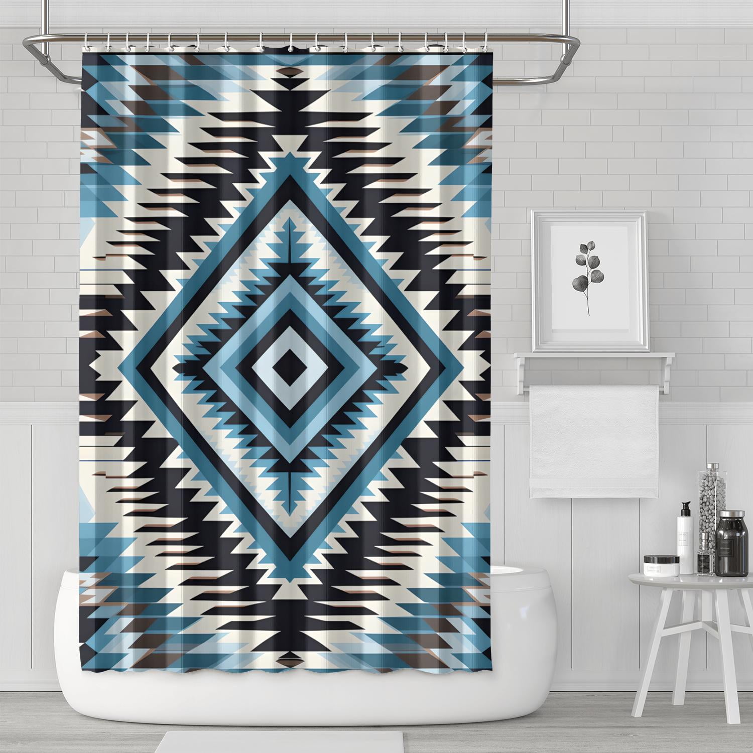 Bohemian Abstract Squre Rectangle Blue Bathroom Curtain Heavy Reusable ...