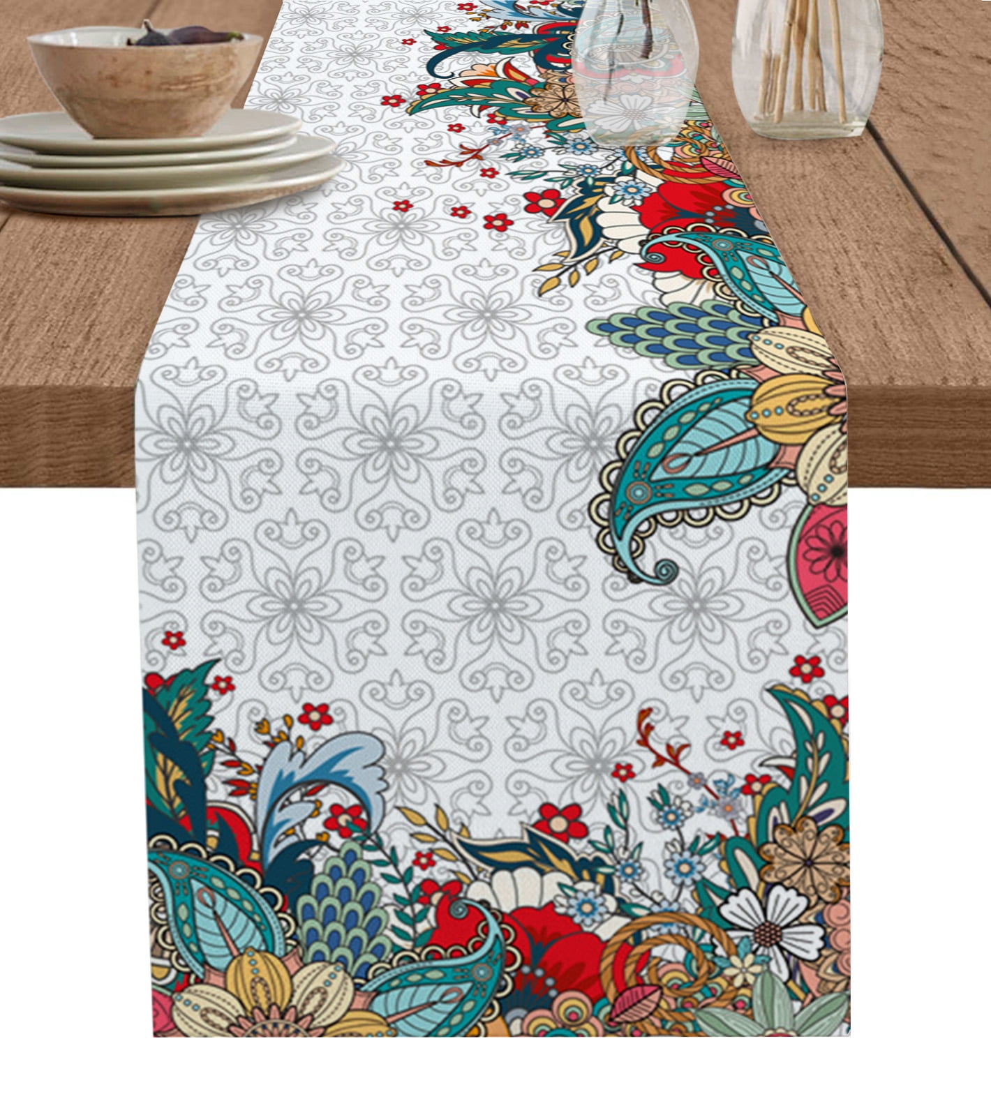 Bohemian Abstract Style Floral Plants Table Runner Home Wedding Table ...