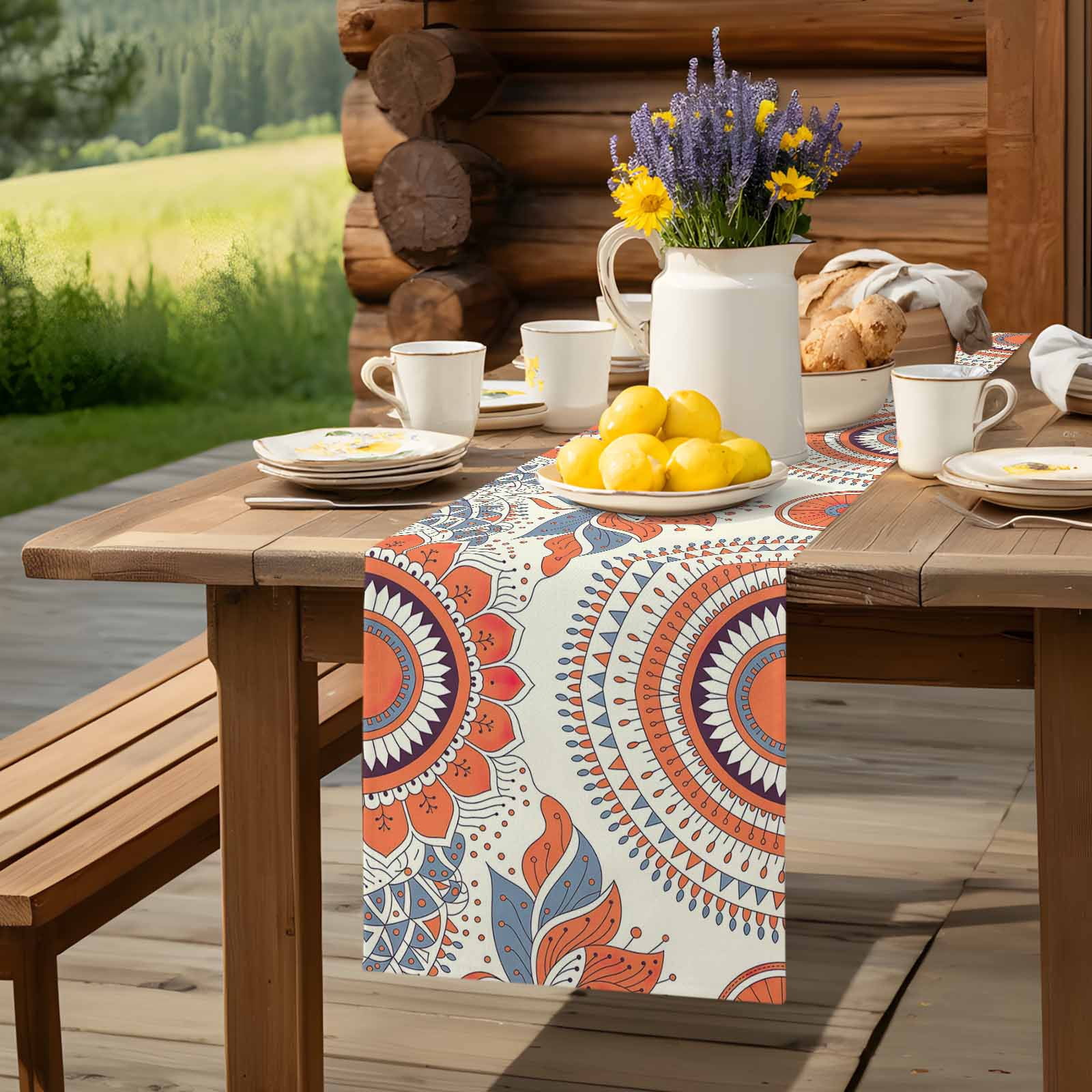 Bohemian Aesthetic Flower on Retro Table Runner 13x48in Non-Slip Cotton ...