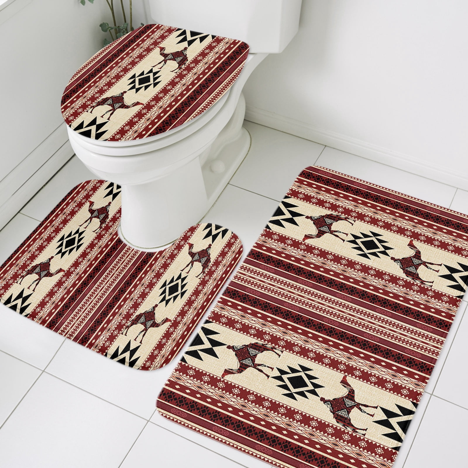 Bohemian Animals Bathroom Rugs Set Abstract Geometric Vintage Red Black ...