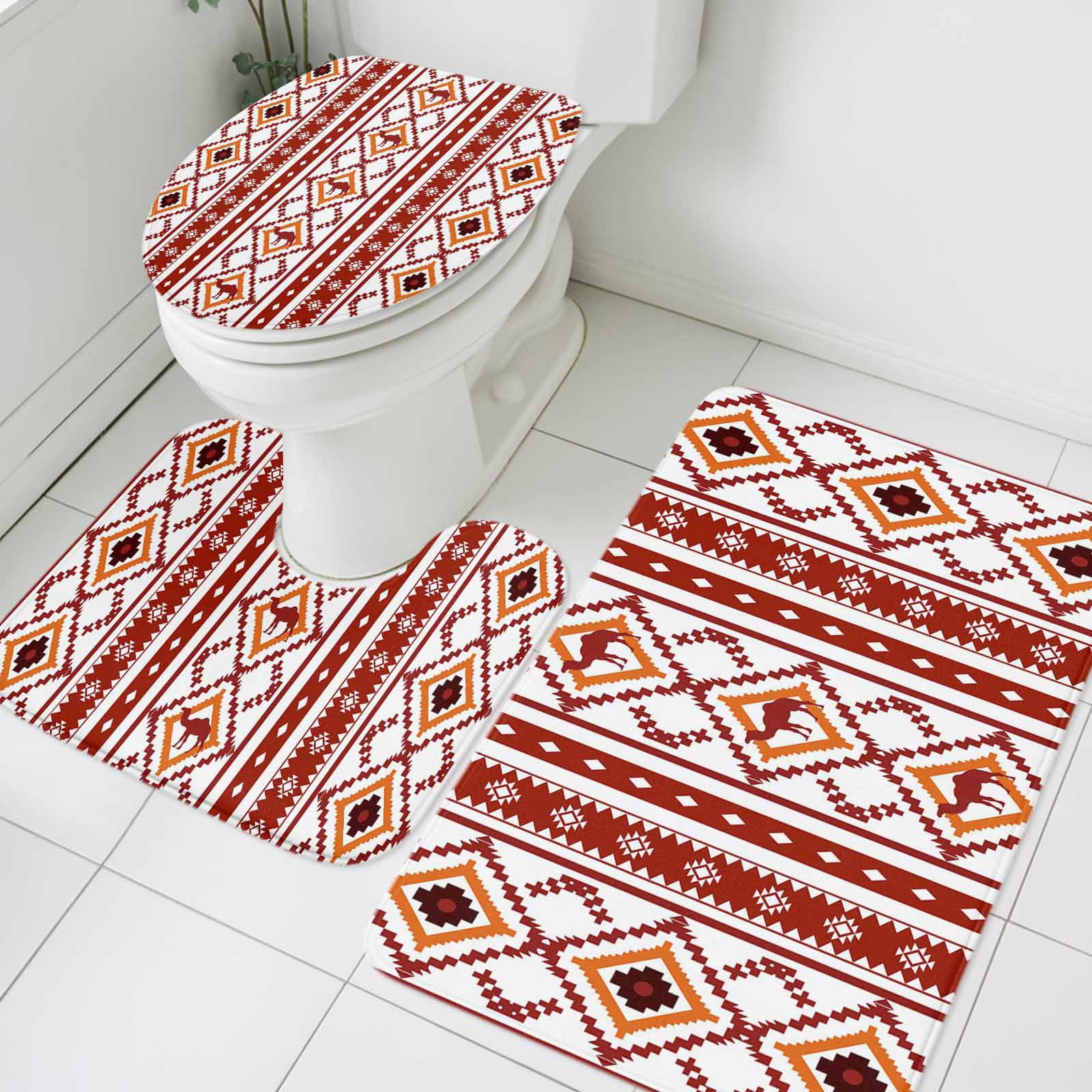 Bohemian Animals Bathroom Rugs Set Abstract Red Geometric Vintage ...
