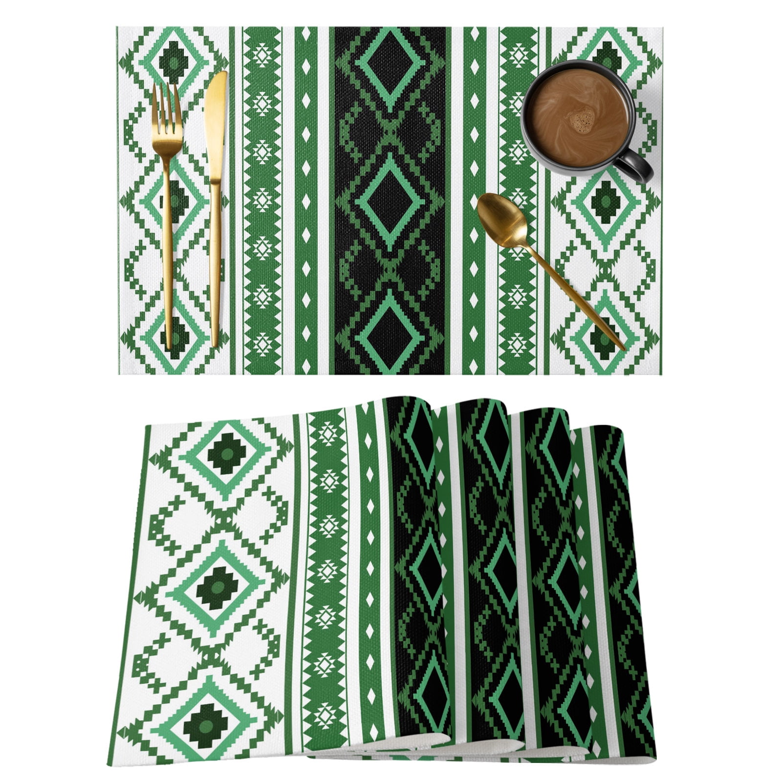 Bohemian Animals Cotton Linen Placemats Set of 4, Abstract Green ...