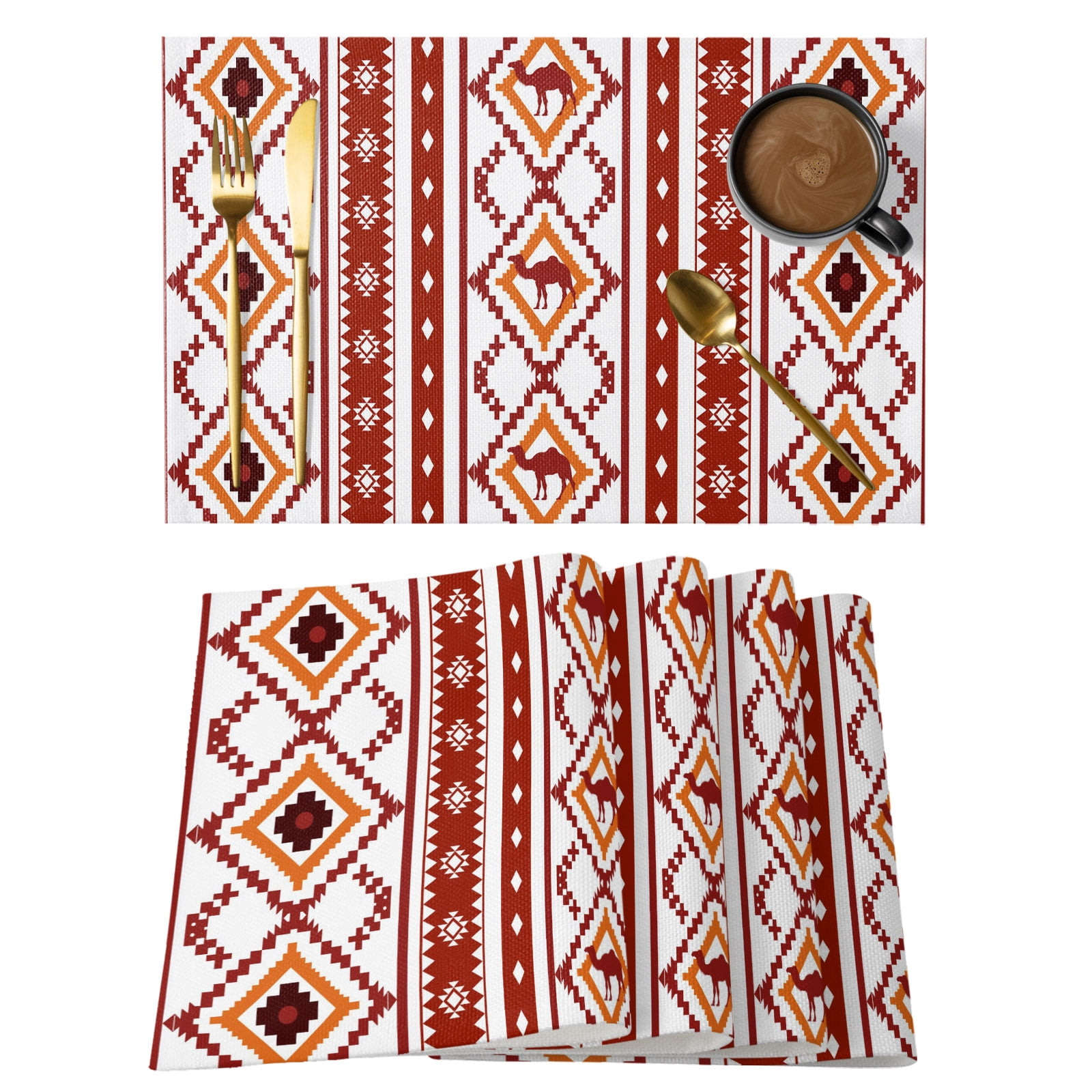 Bohemian Animals Cotton Linen Placemats Set of 8, Abstract Red ...