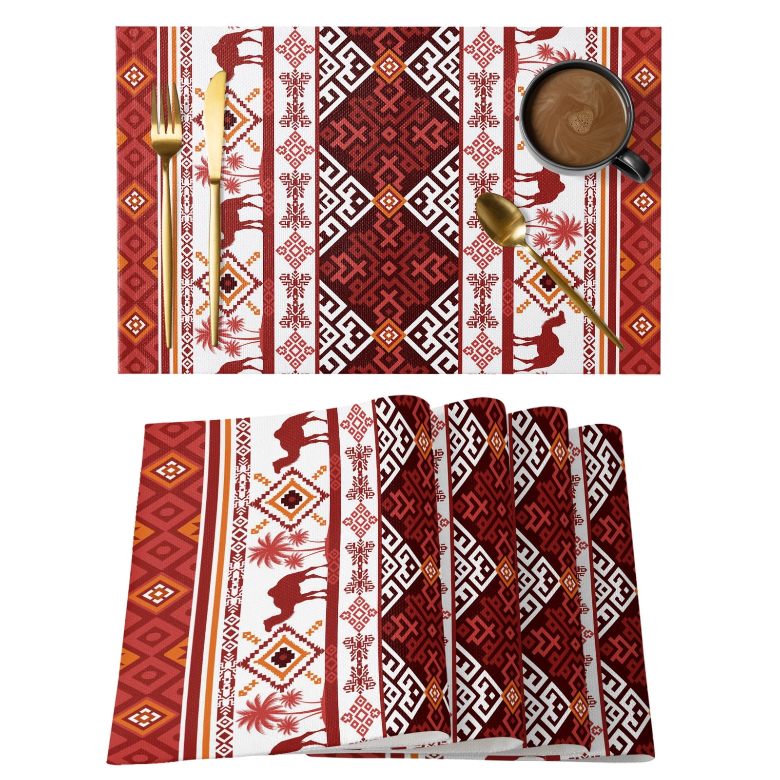 Bohemian Animals Plants Cotton Linen Placemats Set of 6, Abstract Red ...