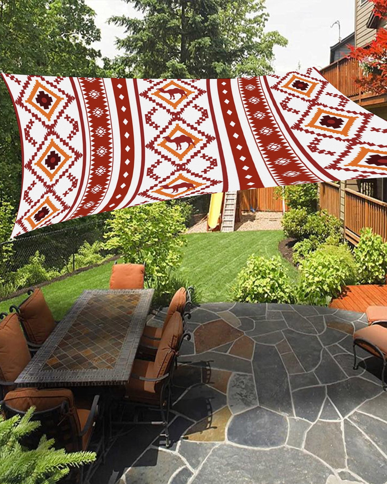Bohemian Animals Sun Shade Sail 6.5'X10' Abstract Red Geometric Vintage ...