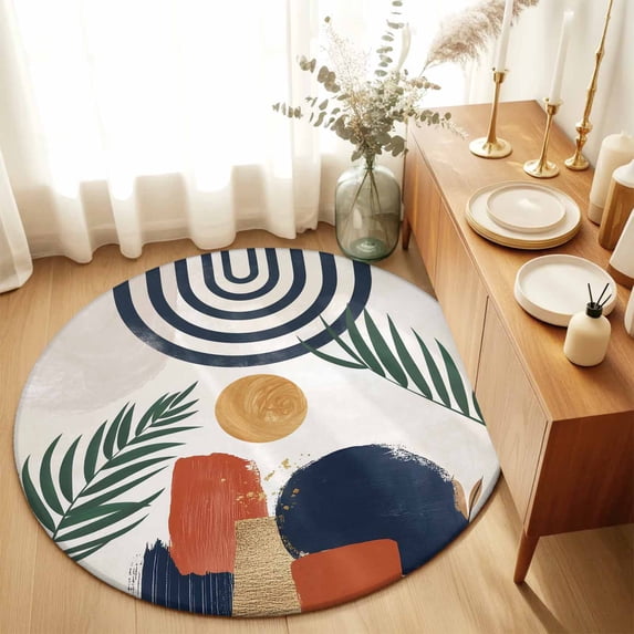 Bohemian Arch Stripe Tropical Palm Leaf Round Rug 3ft Abstract ...