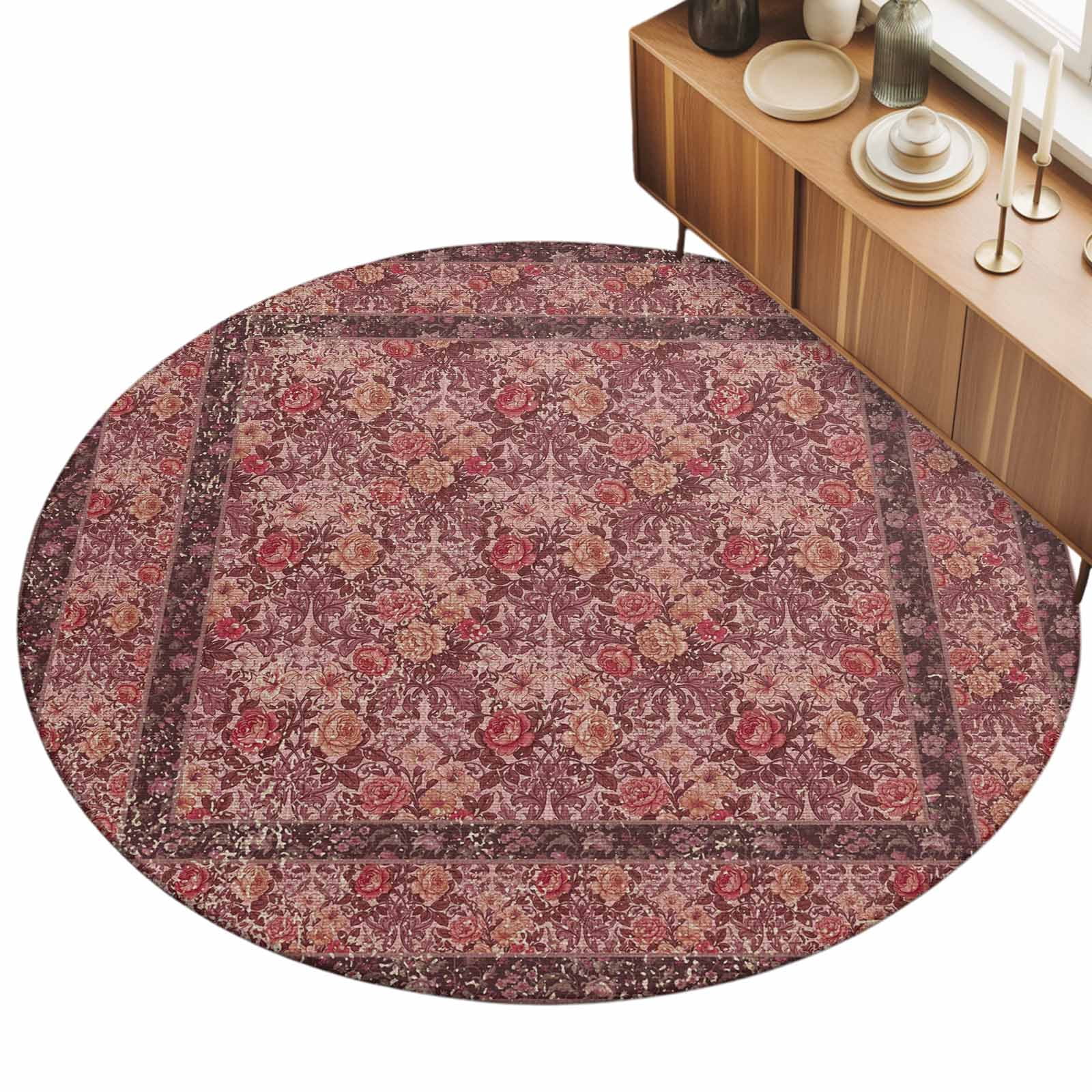 Bohemian Area Rug, Dark Red Vintage Flowers Texture Traditional Ethnic ...