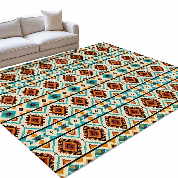 Bohemian Area Rug, Teal and Brown Southwestern Aztec Geometric Stripes ...