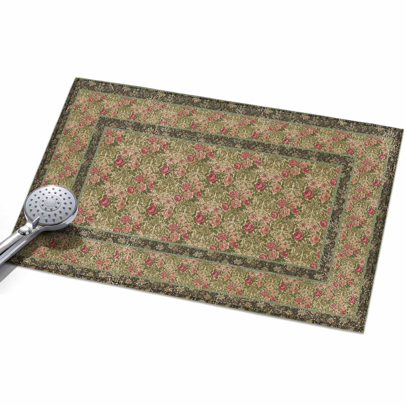 Bohemian Area Rug, Vintage Red Flowers Texture Traditional Ethnic Green ...