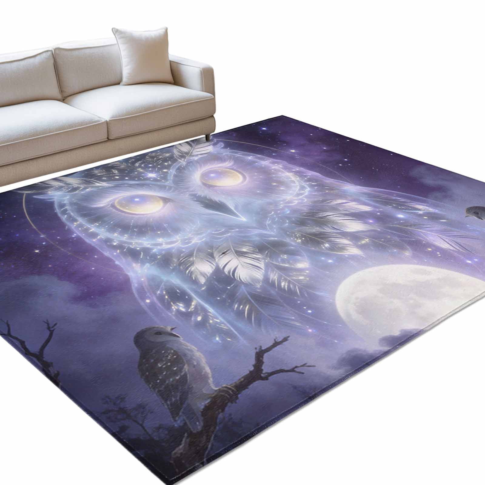 Bohemian Area Rug, Watercolor Owl Fantasy Moon Forest Tree Natural ...