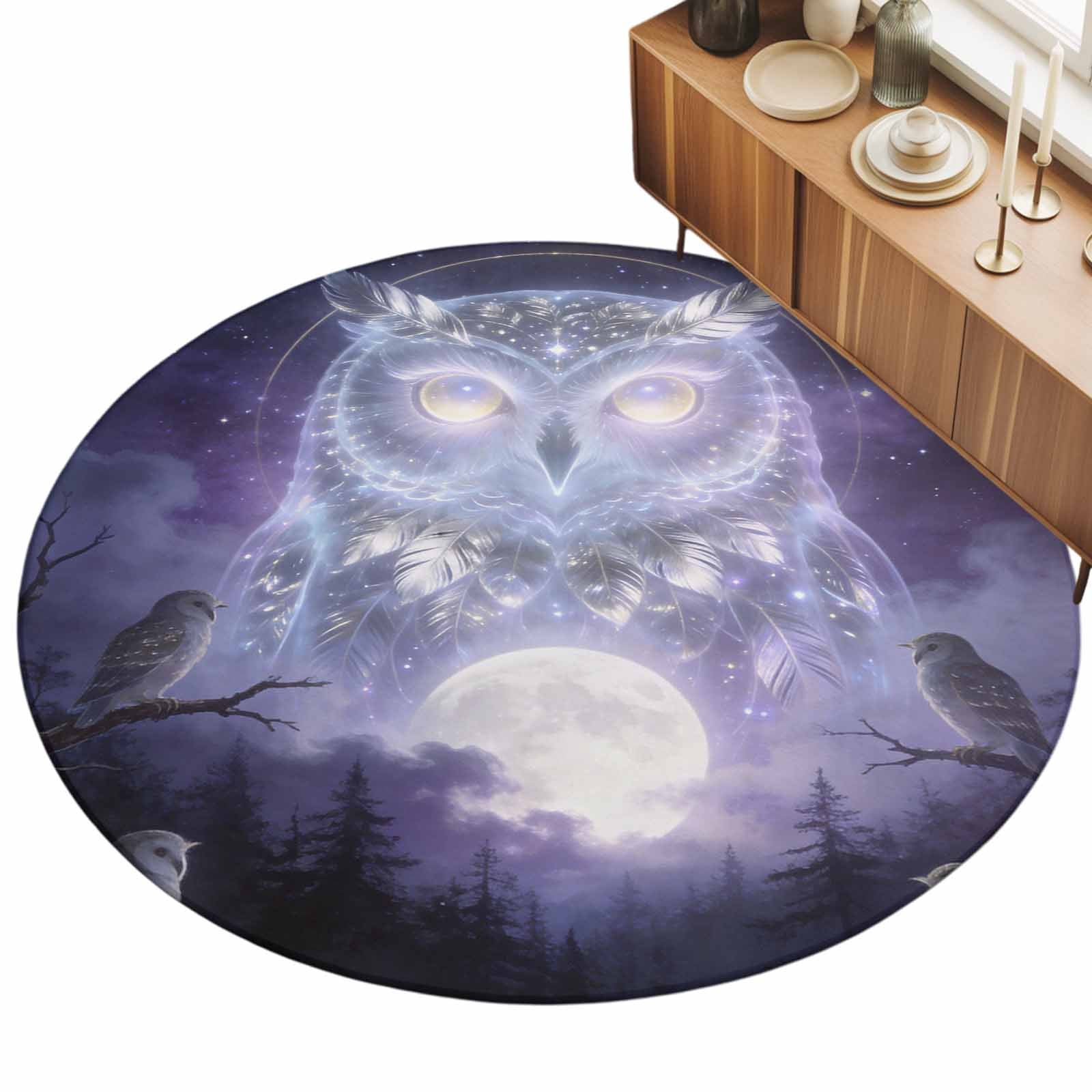 Bohemian Area Rug, Watercolor Owl Fantasy Moon Forest Tree Natural ...