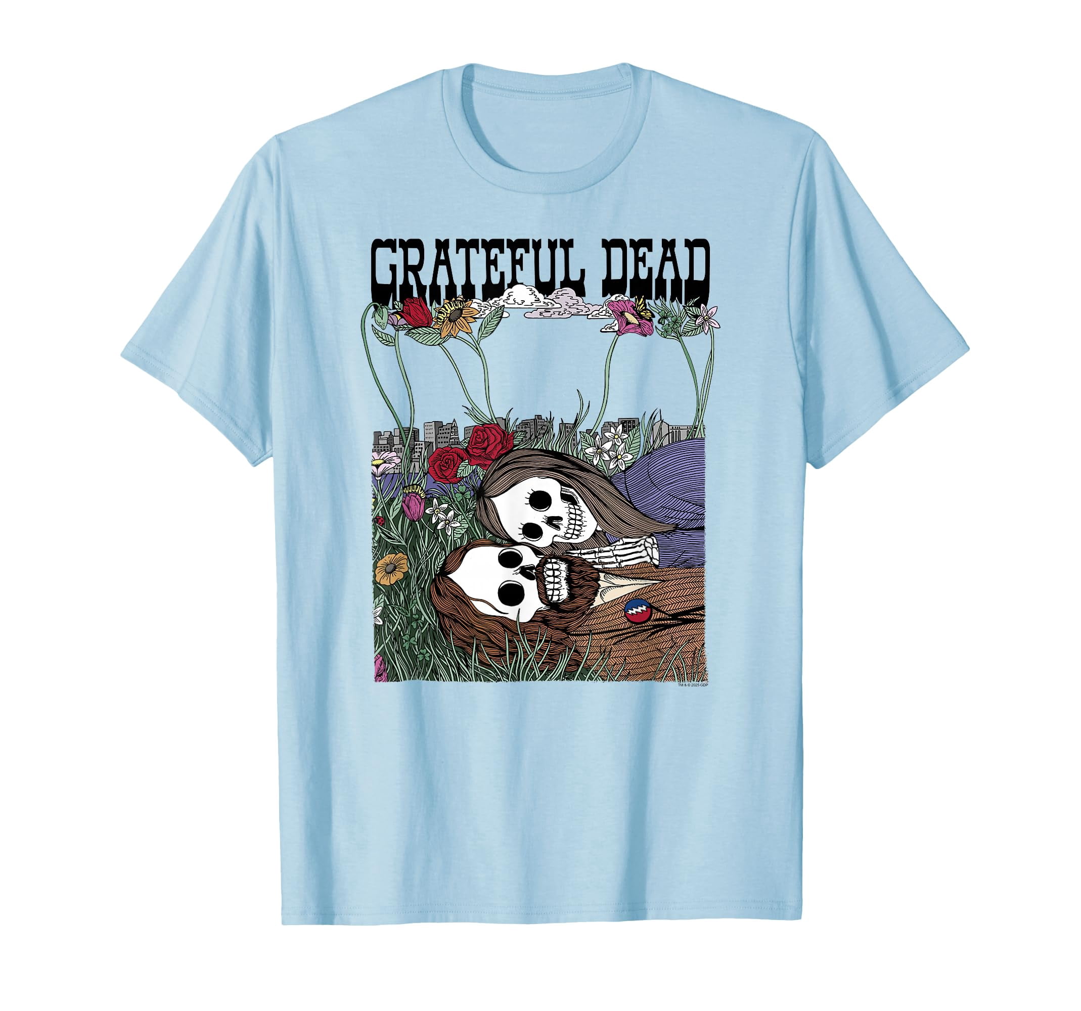 Bohemian Artistic Skeleton Couple Flower Field City Scene T-Shirt ...
