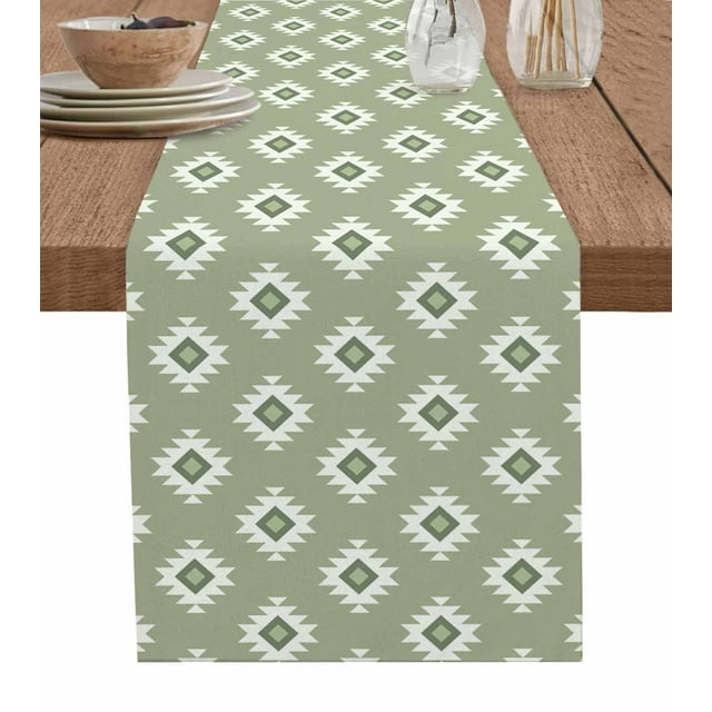 Bohemian Aztec Moroccan Rural Farmhouse Green Table Runner Country ...