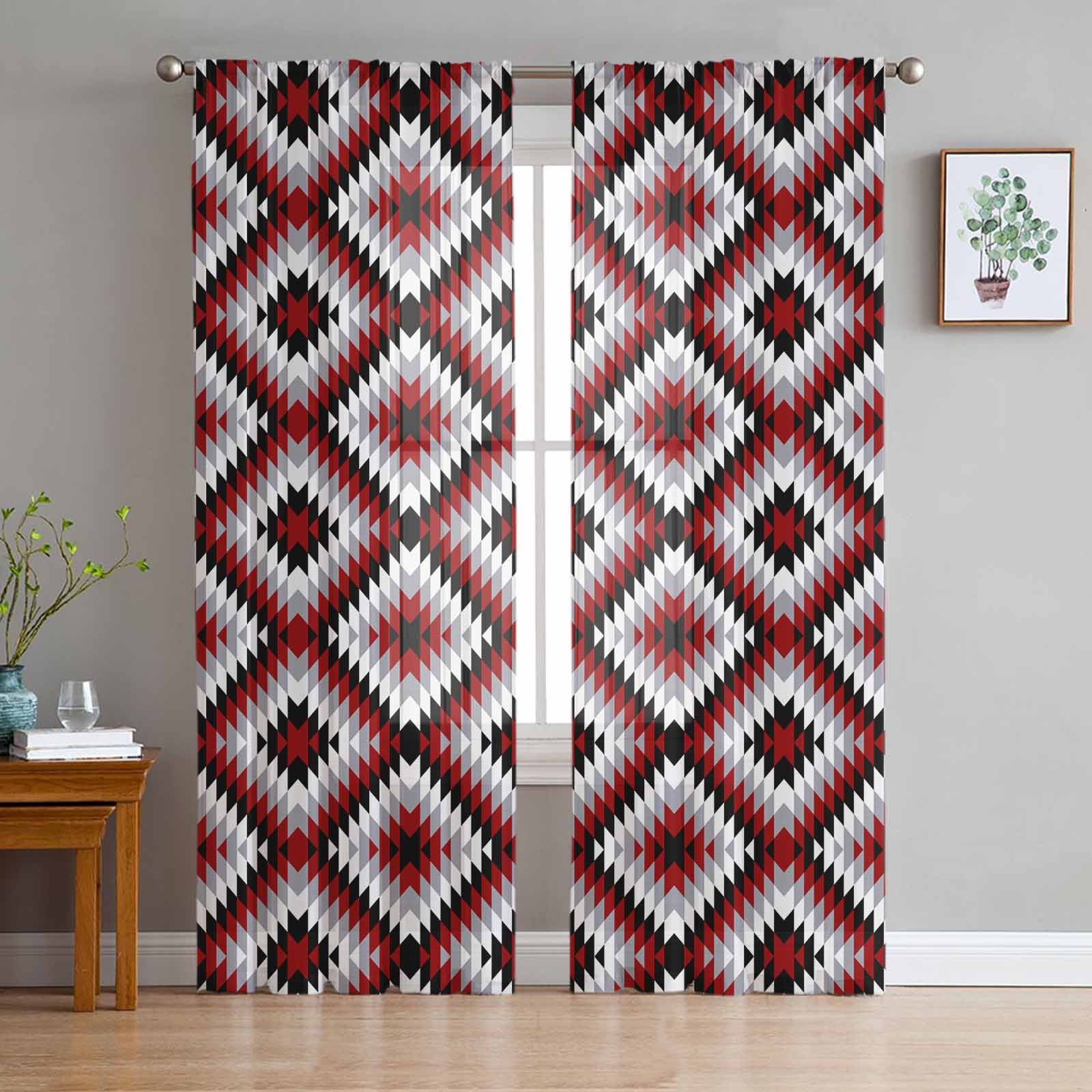 Bohemian Aztec Red Texture Tulle Curtains for Living Room Sheer Curtain ...
