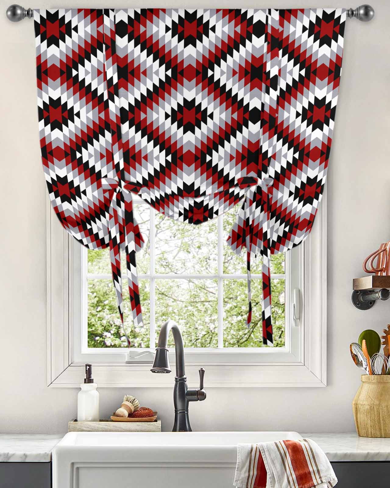 Bohemian Aztec Red Texture Window Curtains Tie Up Curtains for Kitchen ...