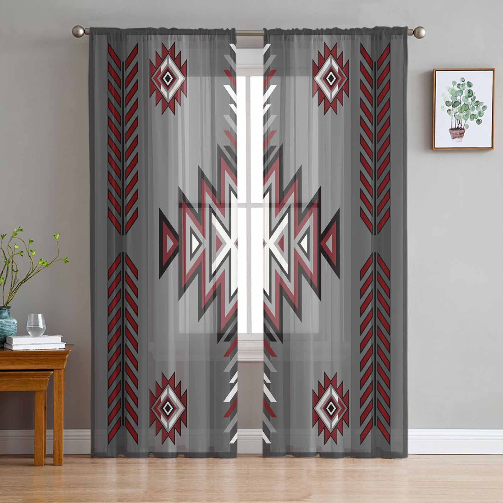 Bohemian Aztec Rural Farmhouse Black Red Gray Sheer Curtains for Living ...